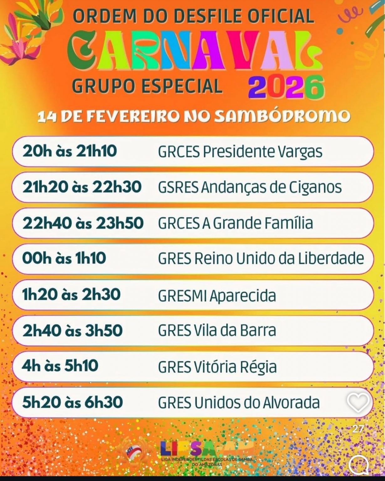 Presidente Vargas abre desfile e Alvorada fecha no Carnaval de Manaus